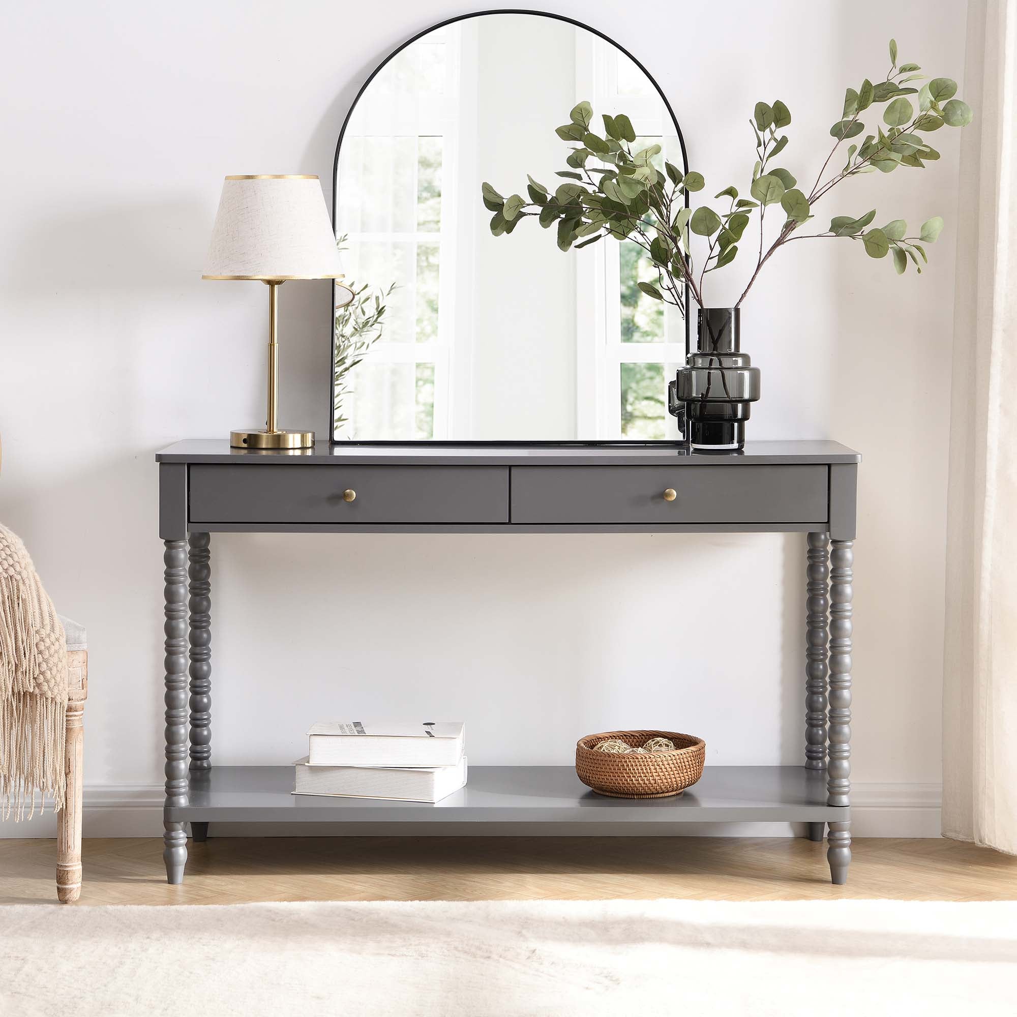 Aldwinke Dark Grey Bobbin 2 Drawer Large Console Table