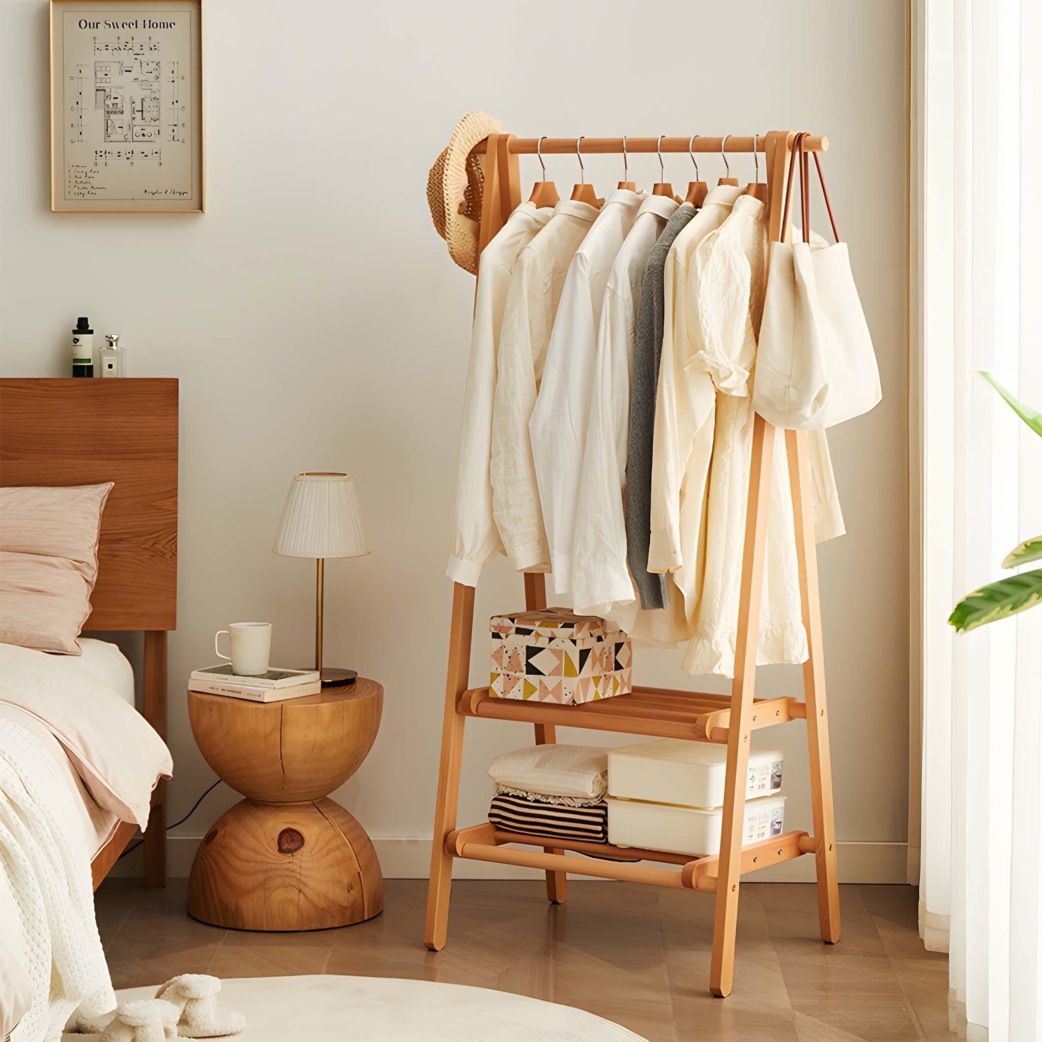Versatile Foldable Solid Wood Clothes Rack with Shelf